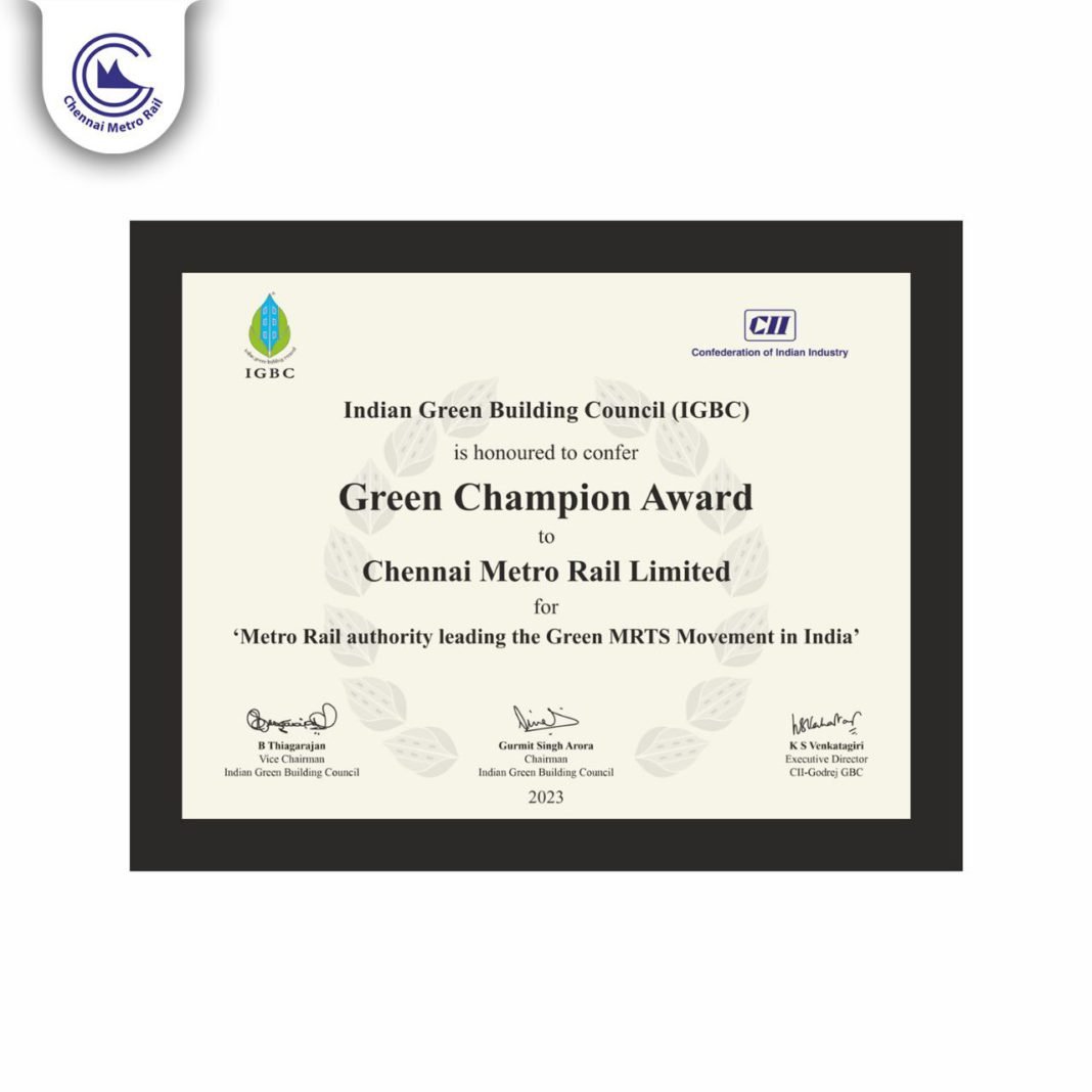 Chennai Metro Awarded With The Green Champion Award - Metro Rail News