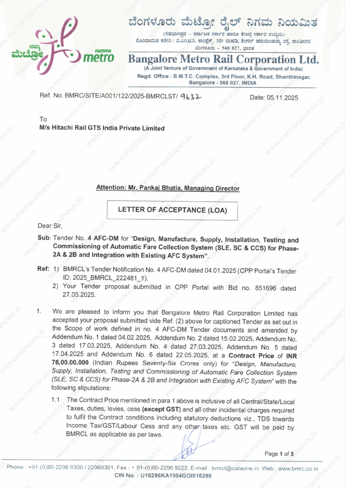 Hitachi Rail Bags ₹76 Crore AFC Contract For Bangalore Metro